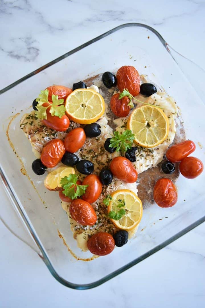 Mediterranean Baked Cod {Easy & Healthy Dinner} - Hint of Healthy